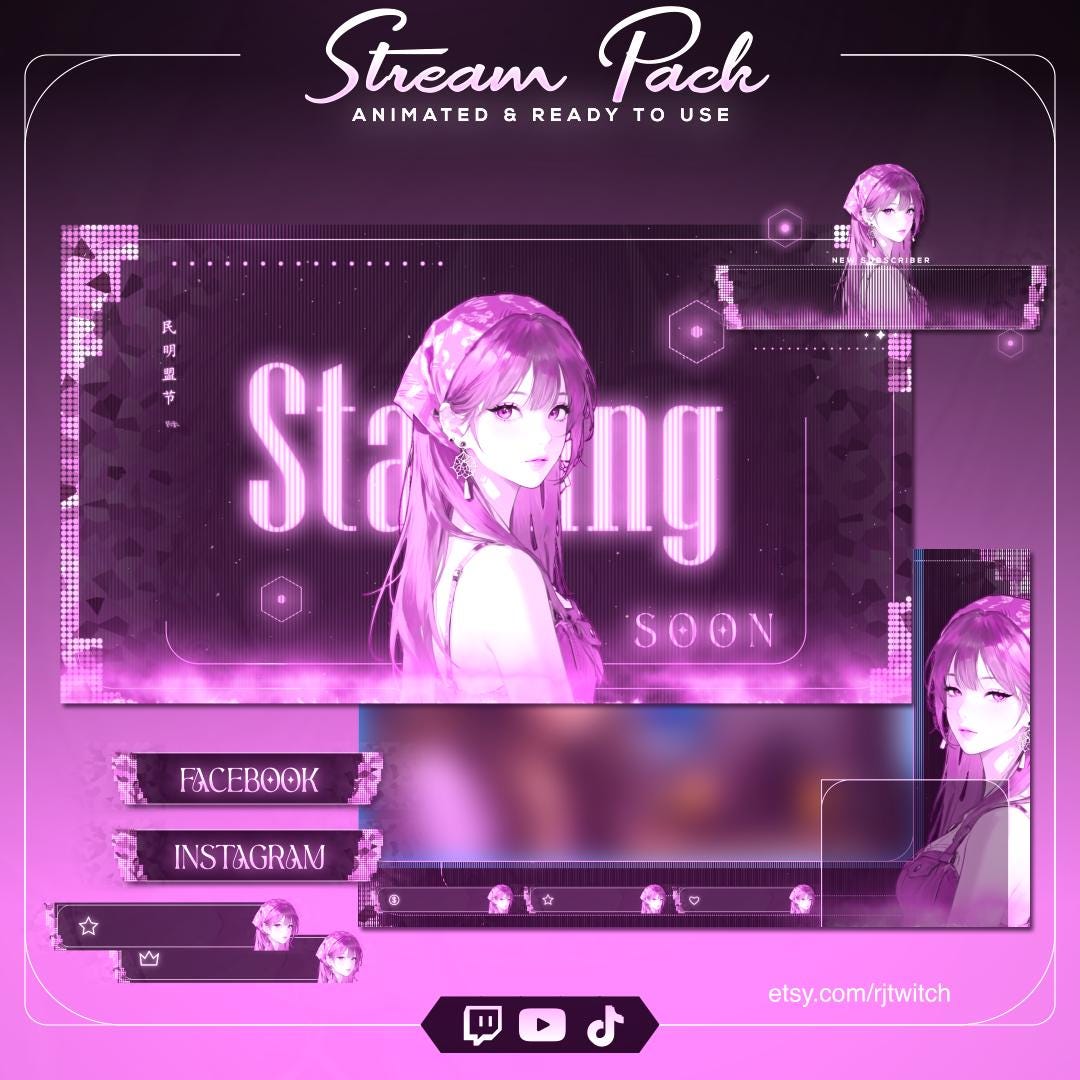 Animated Anime Stream Pack | Pink Vtuber Twitch Overlay | Kawaii Cyber ...