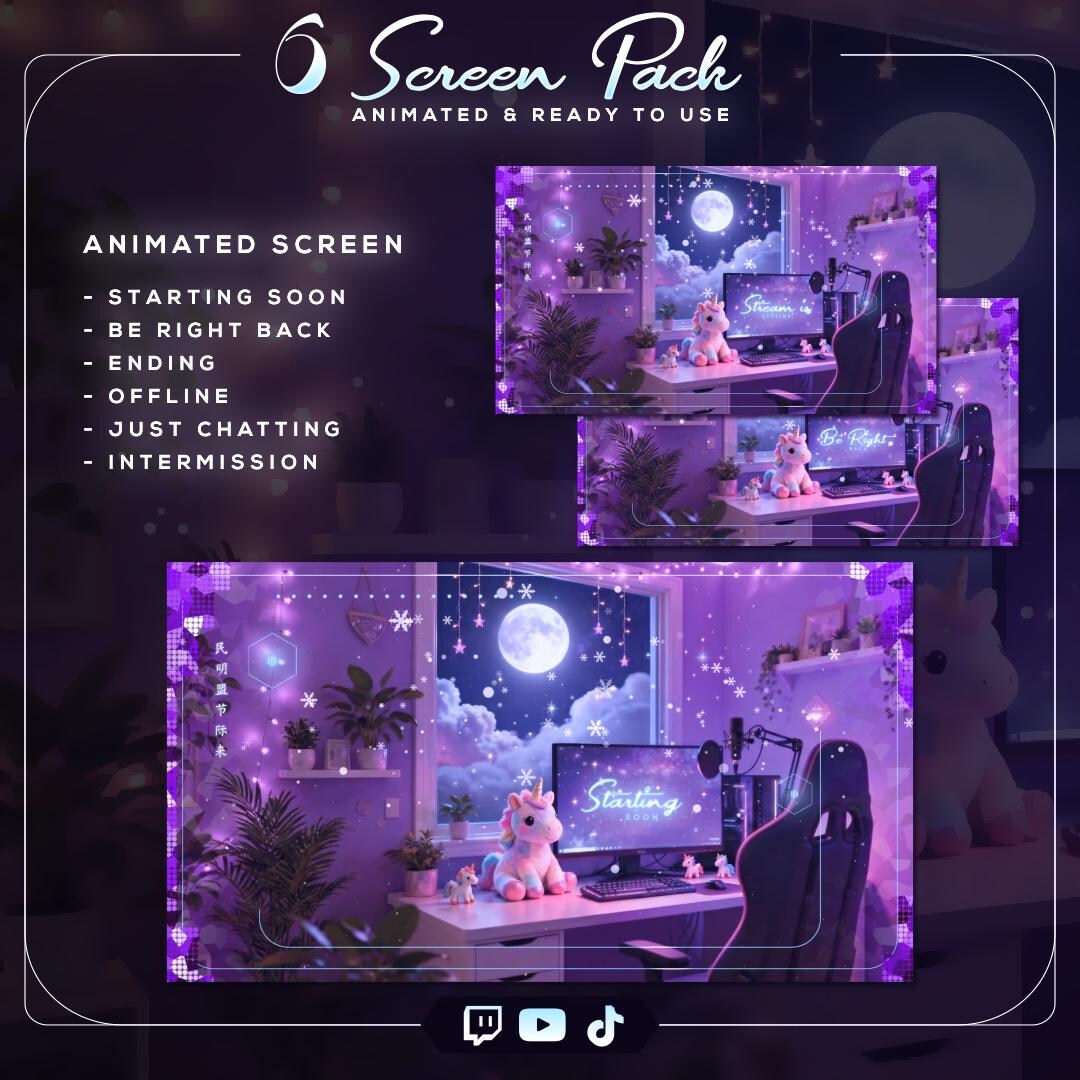 6 Animated Stream Screens Pack Cozy Purple Night | Starting Soon BRB ...