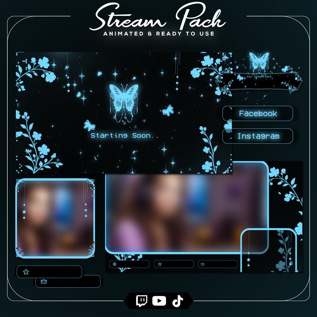 Animated Twitch Overlay Pack | Blue Butterfly Aesthetic Stream Screens ...