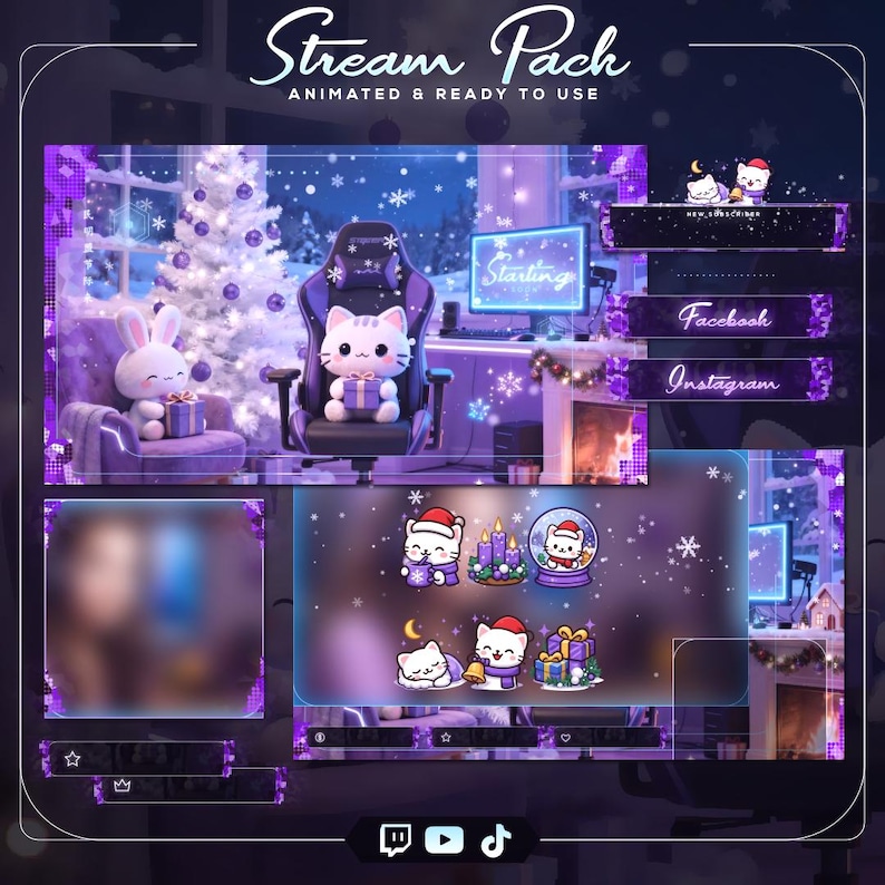 Animated Cozy Winter Twitch Overlay | Purple Lofi Cat Stream Package - Etsy