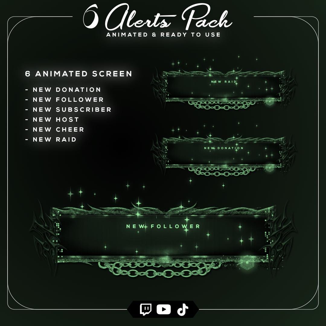 6 Animated Twitch Alerts Pack | Green Gothic Stream Alerts | Follower ...