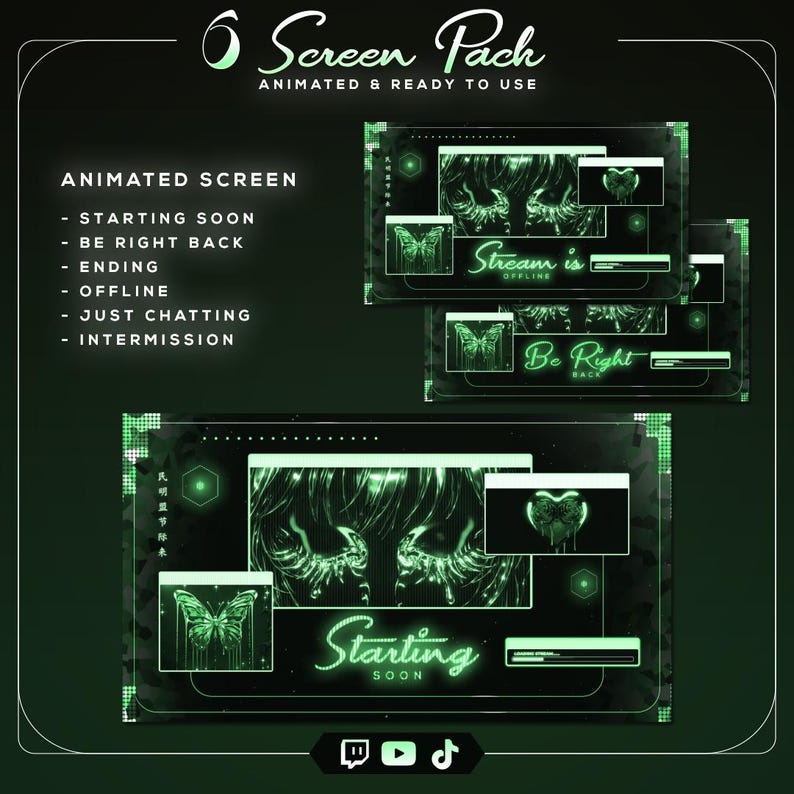 8 Animated Stream Screens | Starting Soon BRB Ending Offline | Green ...