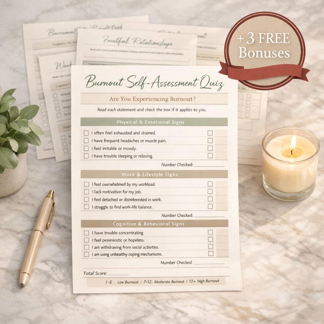Burnout Self Assessment Quiz Printable, Stress & Burnout Test Worksheet ...