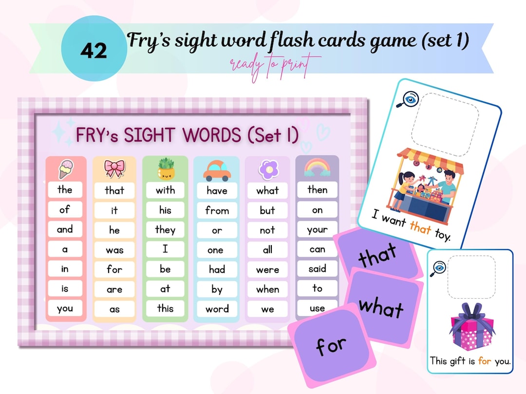 42 Fry’s Sight Word Flashcards, Matching Game + Word Search Puzzle ...