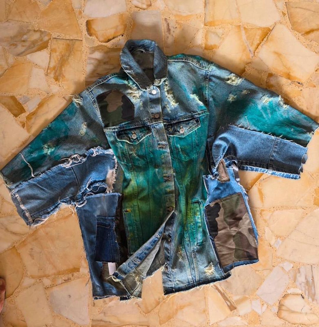 Upcycled Denim Jacket • Reworked Camo Patchwork Jean Kimono • Hand ...