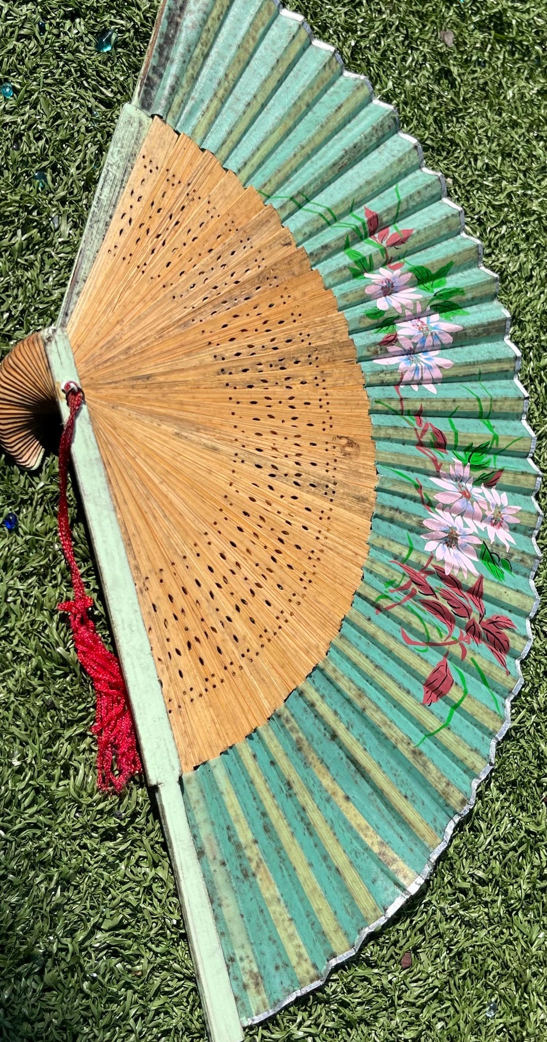 Vintage Hand-painted Folding Fan – Bamboo & Green Fabric With Floral ...