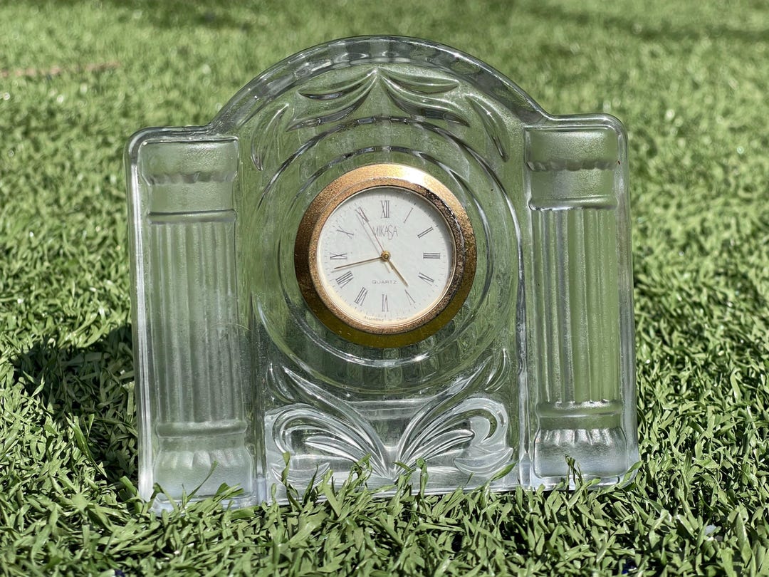 Vintage Mikasa Crystal Desk Clock – Roman Numerals, Gold Trim, 4” Wide ...