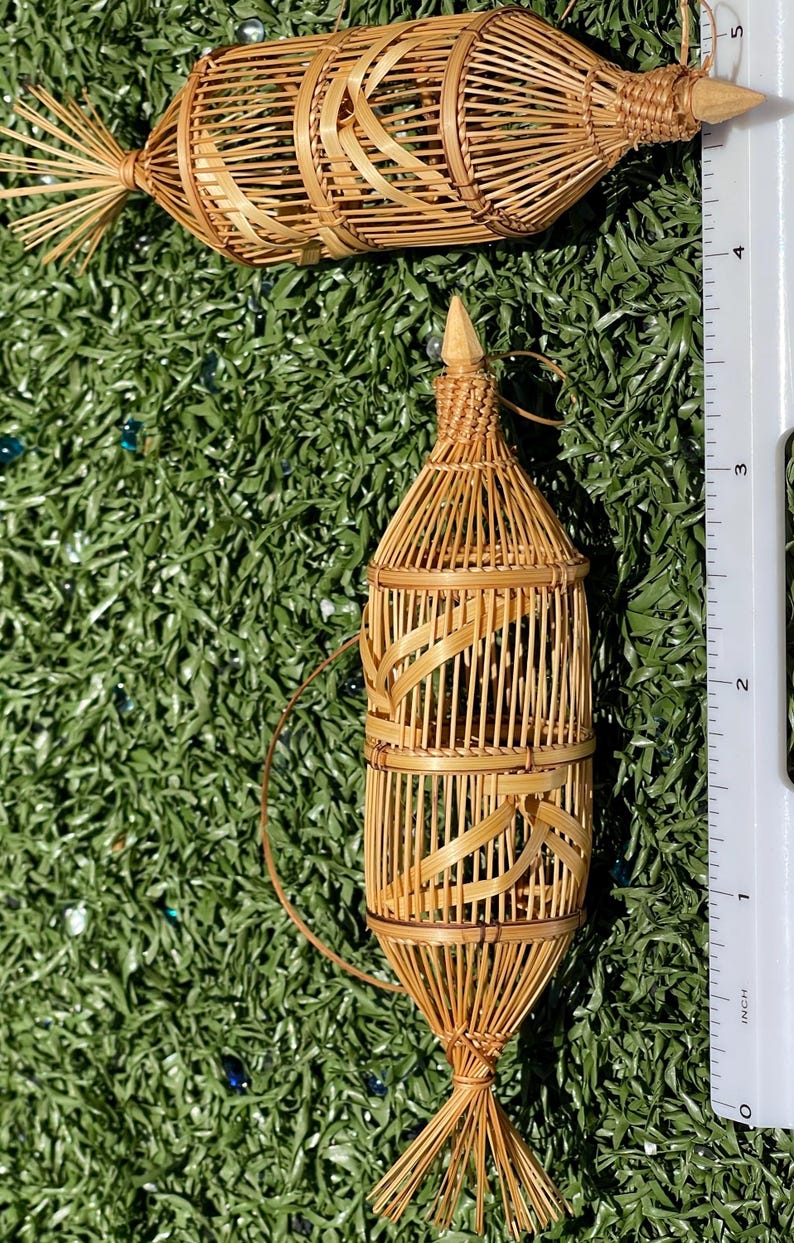 Pair of Miniature Handwoven Bamboo Fish Traps • 5" Folk Art Fishing ...