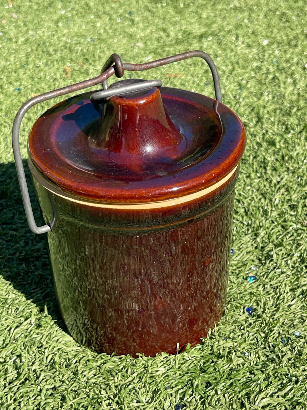 Vintage USA Stoneware Crock Jar With Wire Bail Handle & Lid ‒ Rustic ...