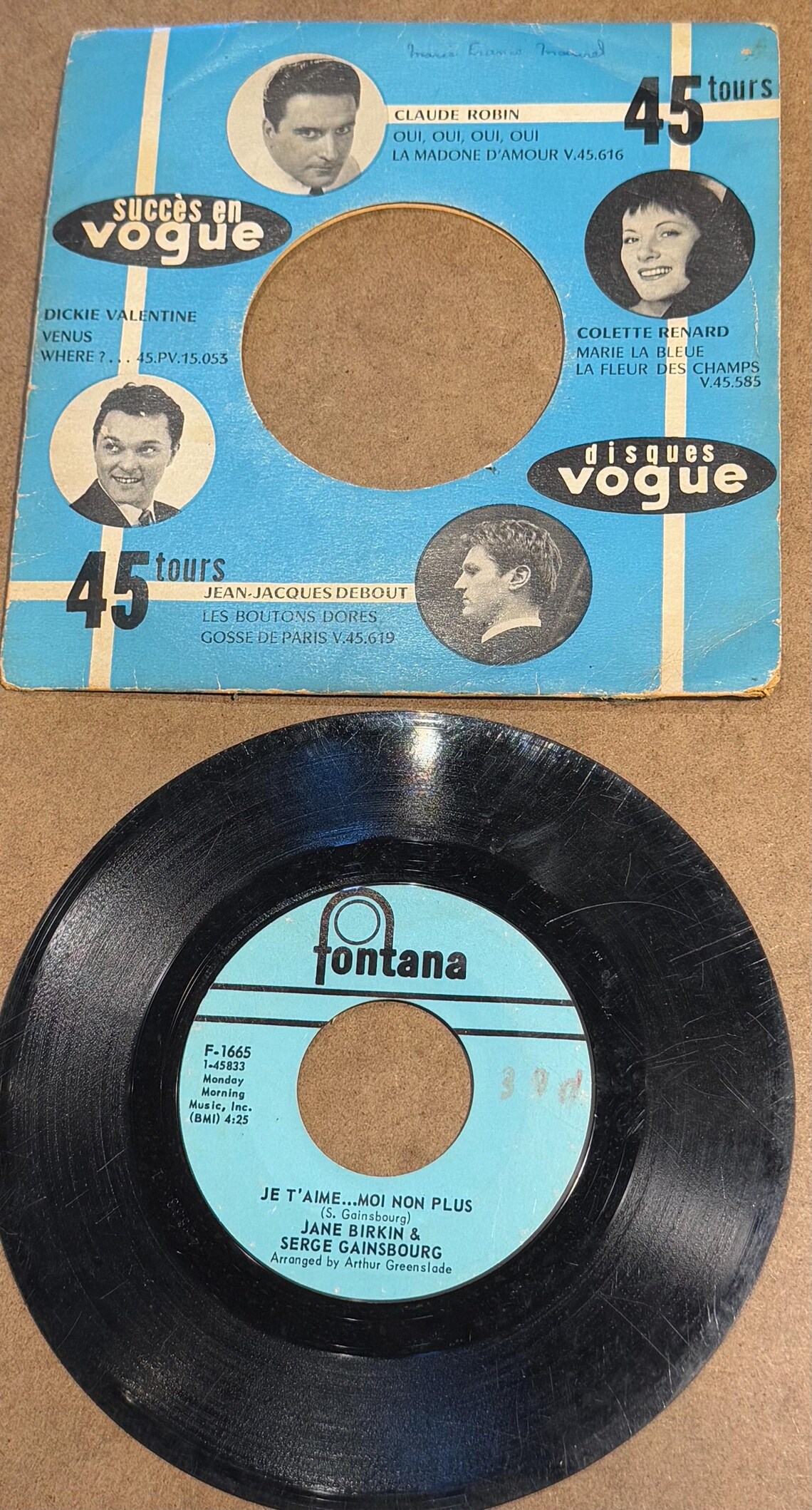 Jane Birkin French 45 Vinyl Record Vintage Fontana Single Paris Pop ...