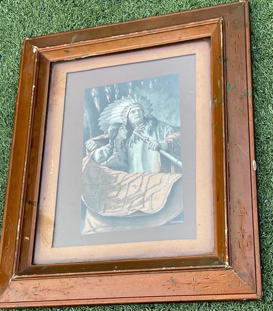 Vintage Native American Print by C.H. Stephens, 19.5”x16” Heavy Carved ...