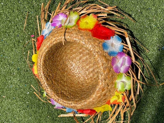 Woven Straw Luau Hat with Rainbow Flower Lei Trim – T… - Gem