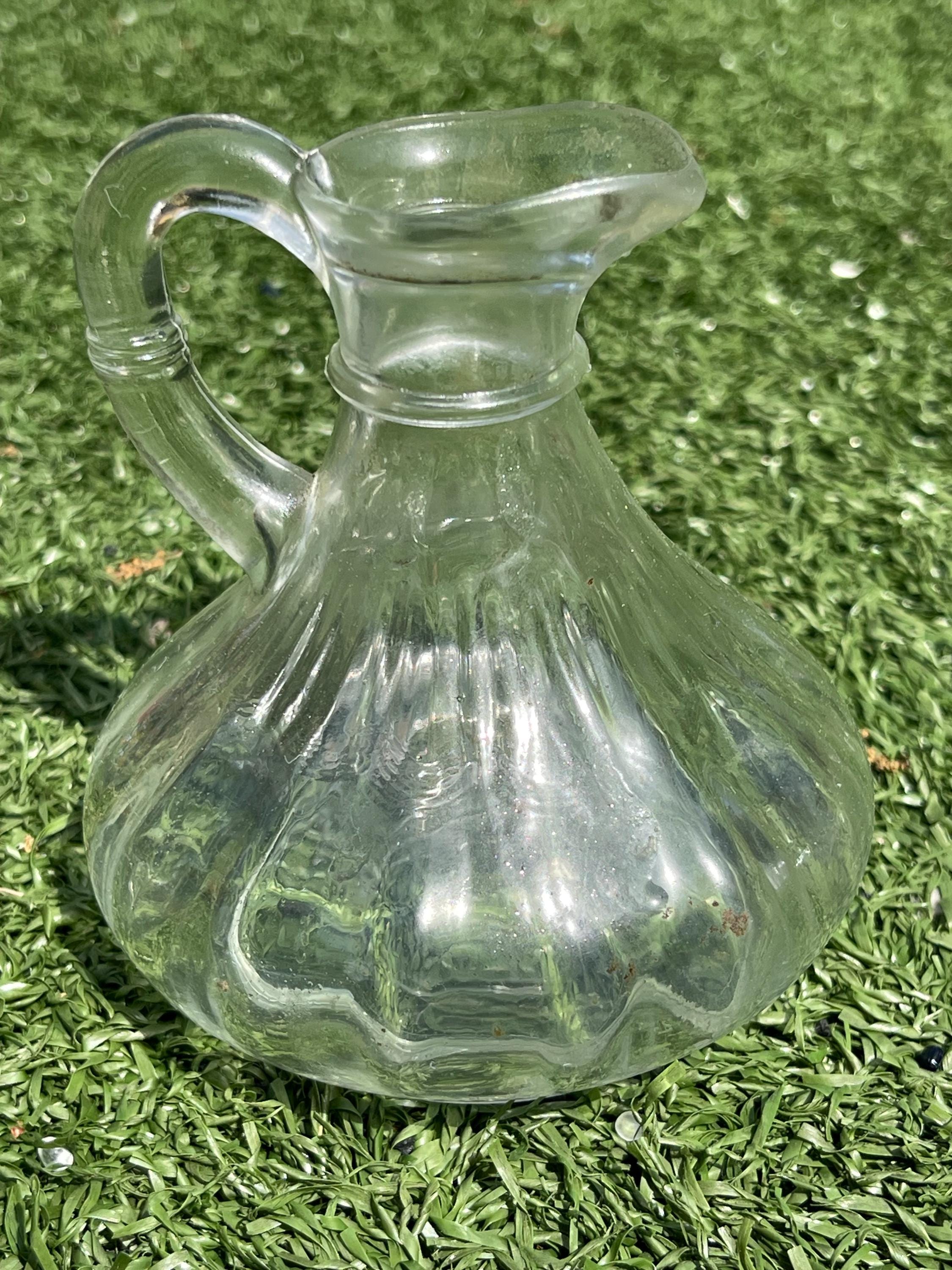 Vintage Ribbed Clear Glass Mini Pitcher – 4” Wide Decorative Cruet ...
