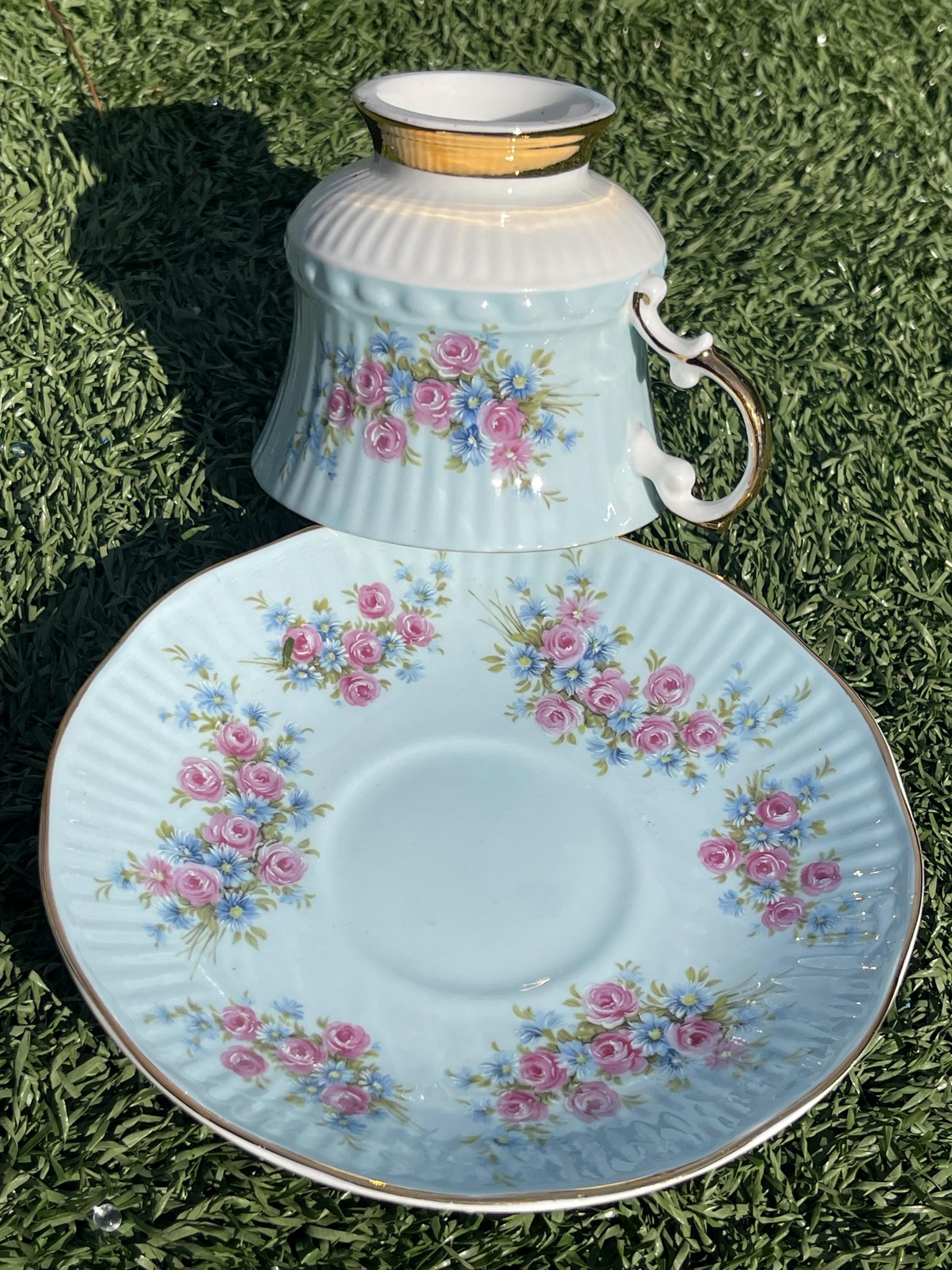 Vintage Elizabethan Fine Bone China Teacup Saucer – Pink Roses & Blue ...