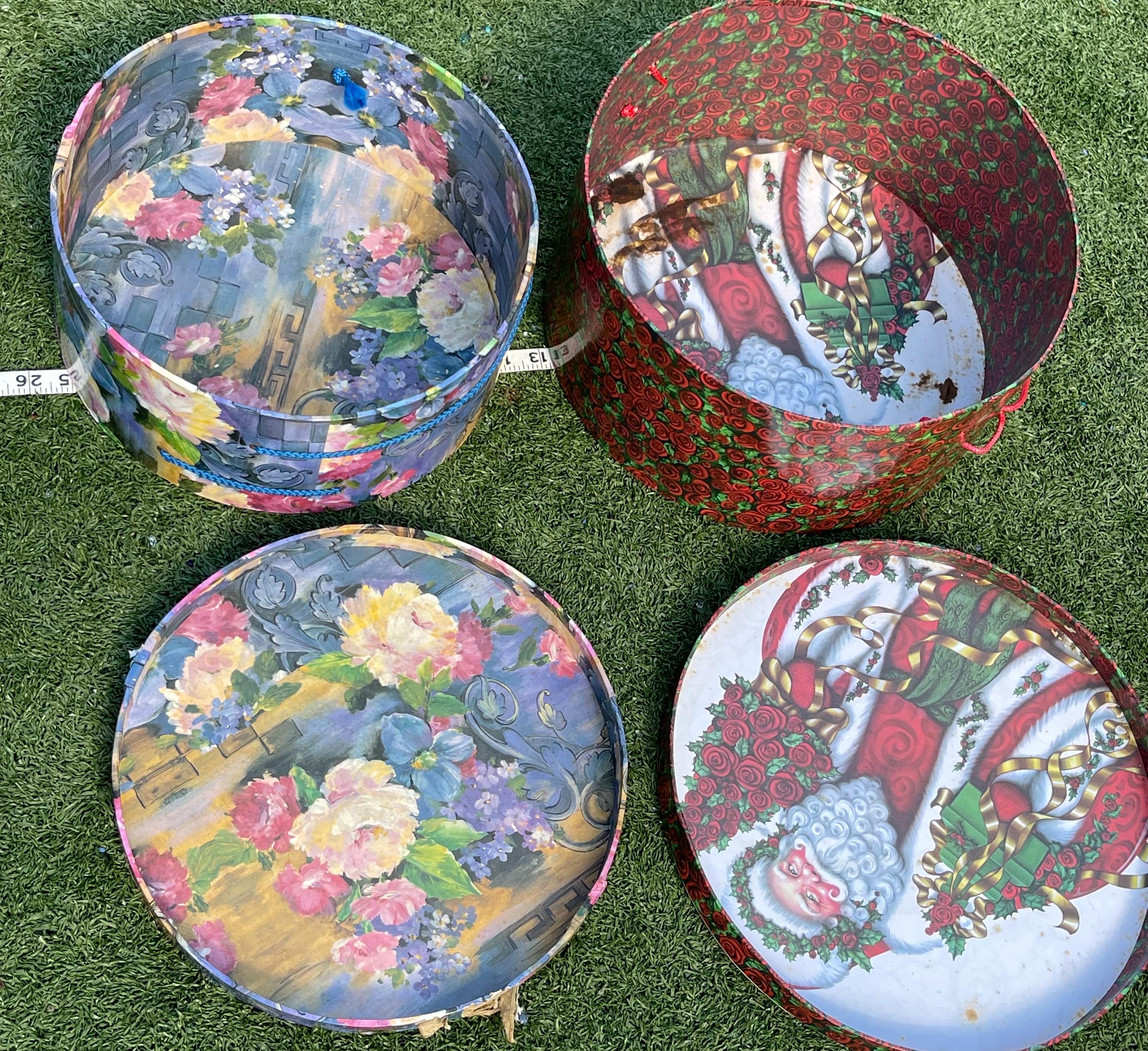 Pair of Large Vintage Round Hat Boxes • Santa & Floral Design • 12 ...