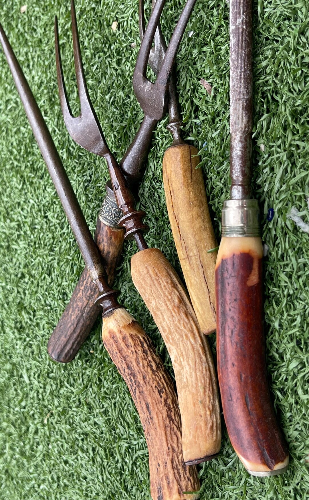 Antique Stag & Bone Handle Carving Forks + Sharpening Steel Lot ...