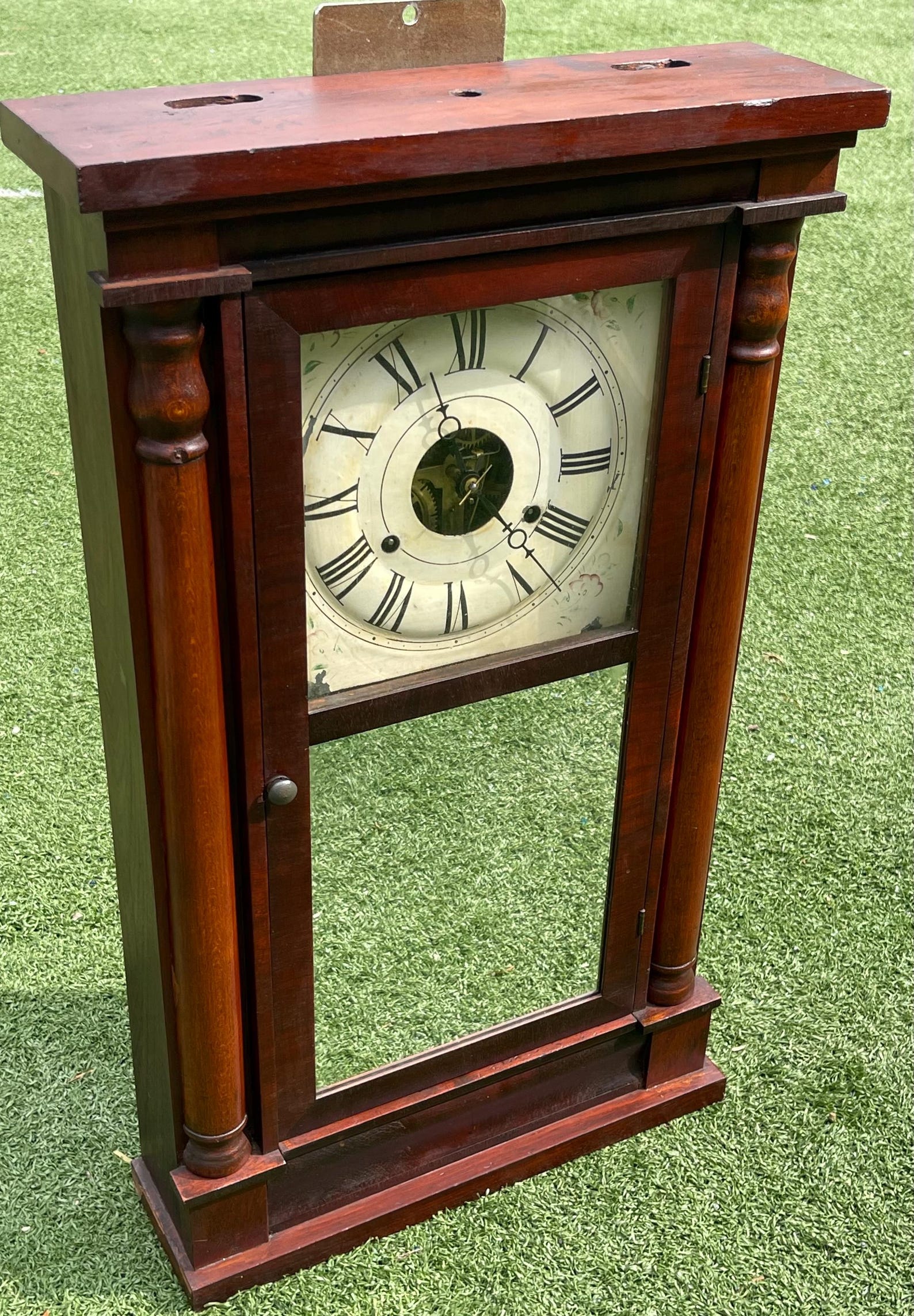 Antique 26” Wooden Wall Clock With Weights & Pendulum – Roman Numerals ...