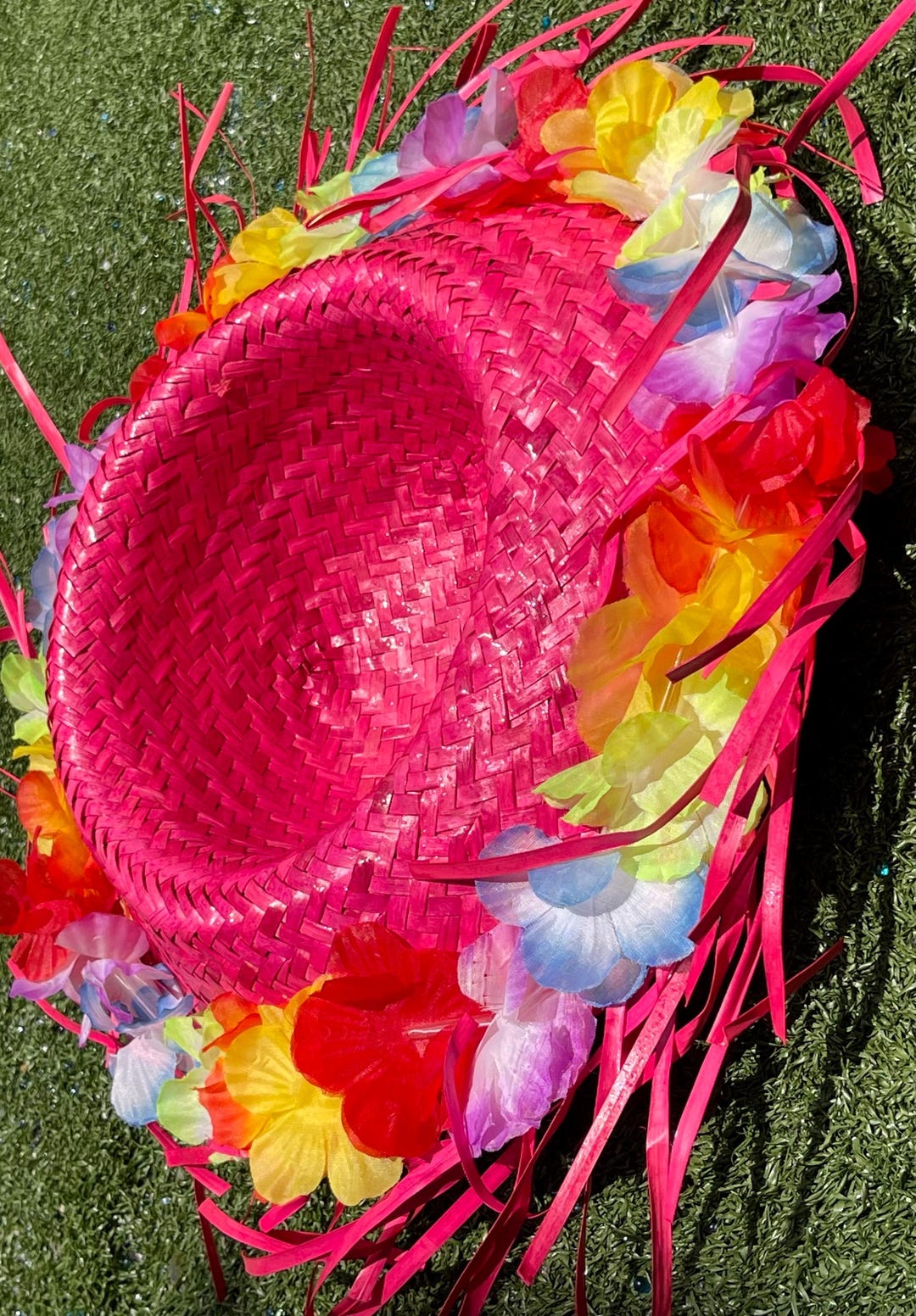 Bright Pink Woven Straw Luau Hat With Rainbow Flower Lei Trim – Tiki ...