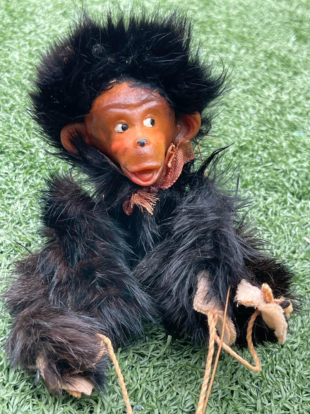 Vintage 1950s Japan Monkey Marionette Puppet 9 Inch Folk Art Fur String ...
