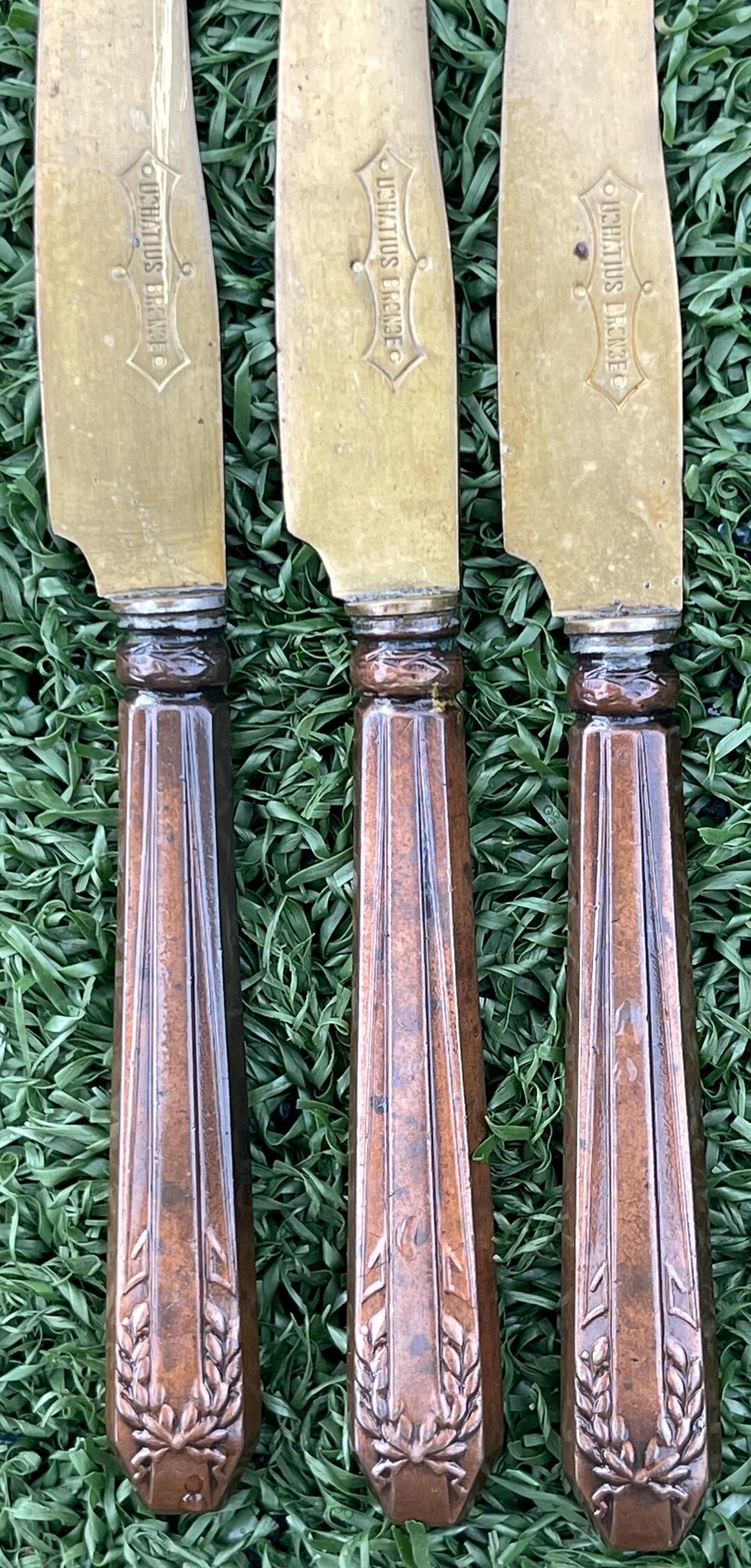 Antique Uranus Bronze Fruit Knives • Set of 3 • Carved Handles W ...