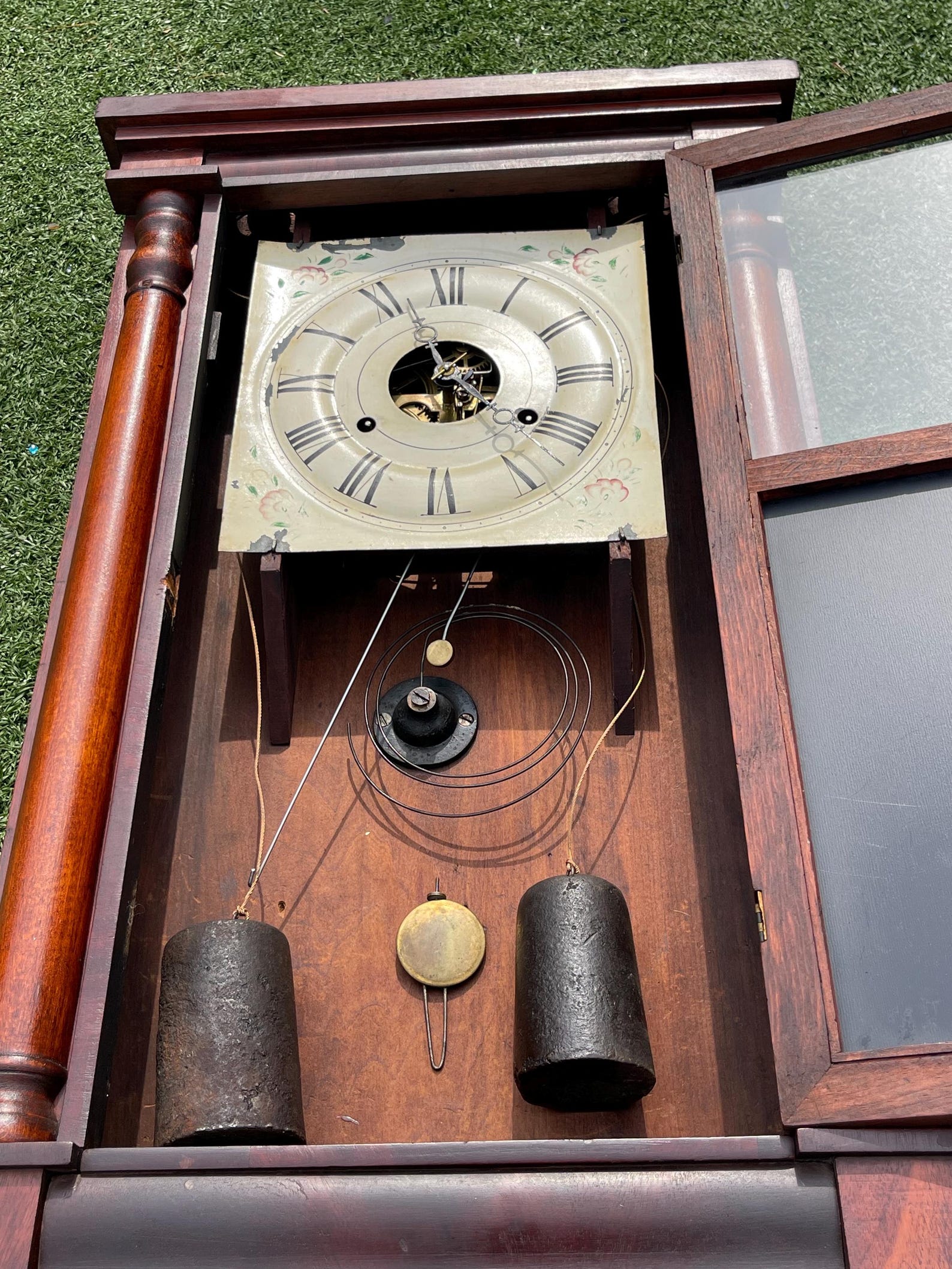 Antique 26” Wooden Wall Clock With Weights & Pendulum – Roman Numerals ...