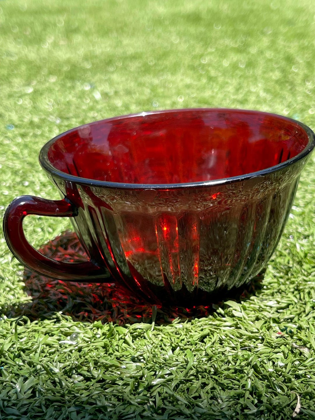 Vintage Ruby Red Glass Cup – Fluted Sided Design With Starburst Base ...