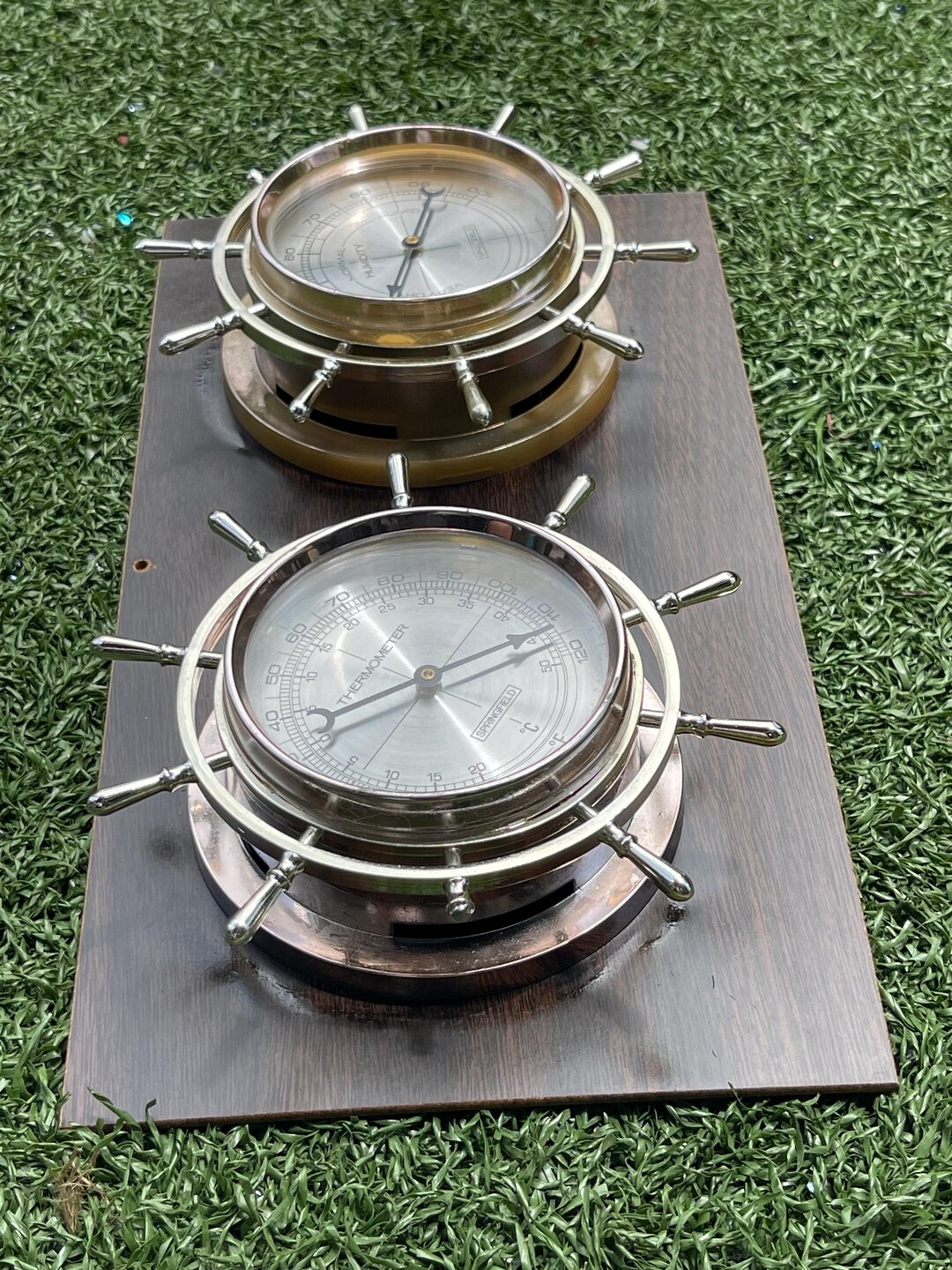 Vintage Springfield Nautical Thermometer & Hygrometer Ship Wheel Set ...
