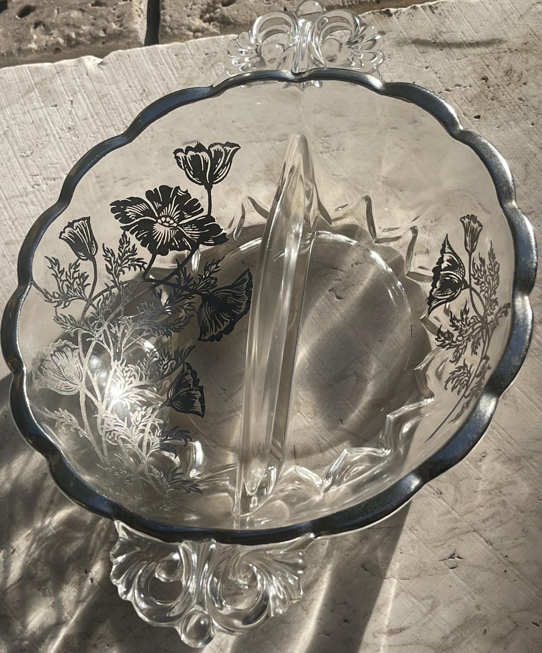 Vintage Clear Etched Glass Divided Serving Bowl Floral Design Silver ...