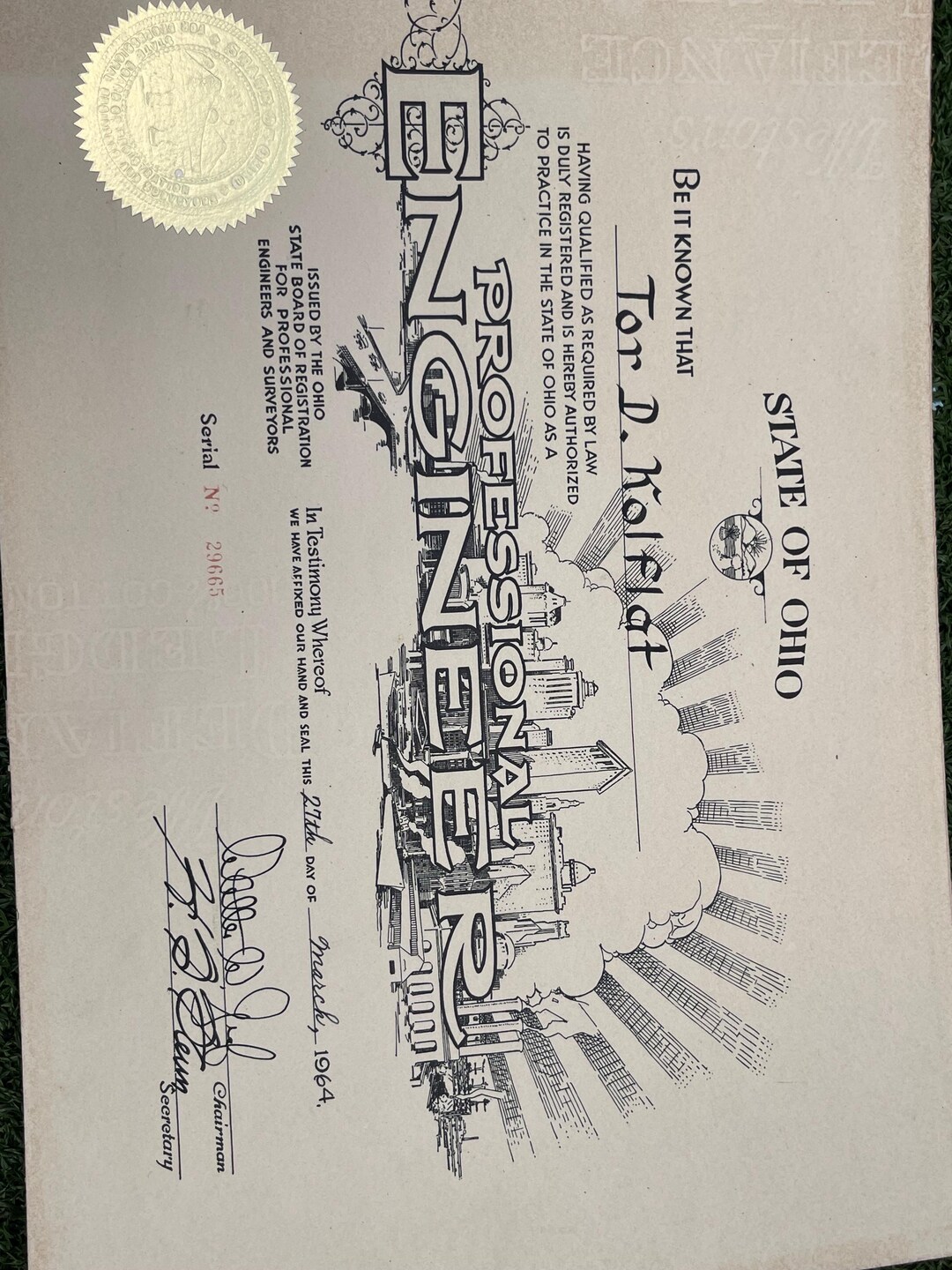 Vintage 1964 Ohio Professional Engineer Certificate – Engineering Ephemera 17" Wide - Etsy