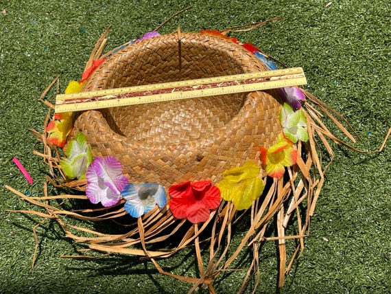 Woven Straw Luau Hat with Rainbow Flower Lei Trim – T… - Gem