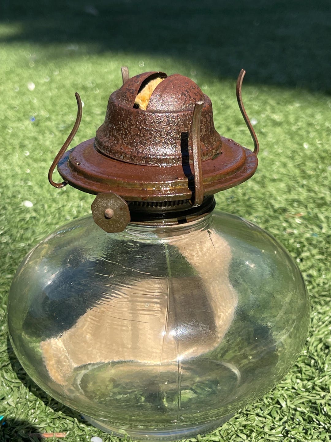 Vintage Glass Oil Lamp With Rusted Metal Burner Top – 5” Wide Kerosene ...