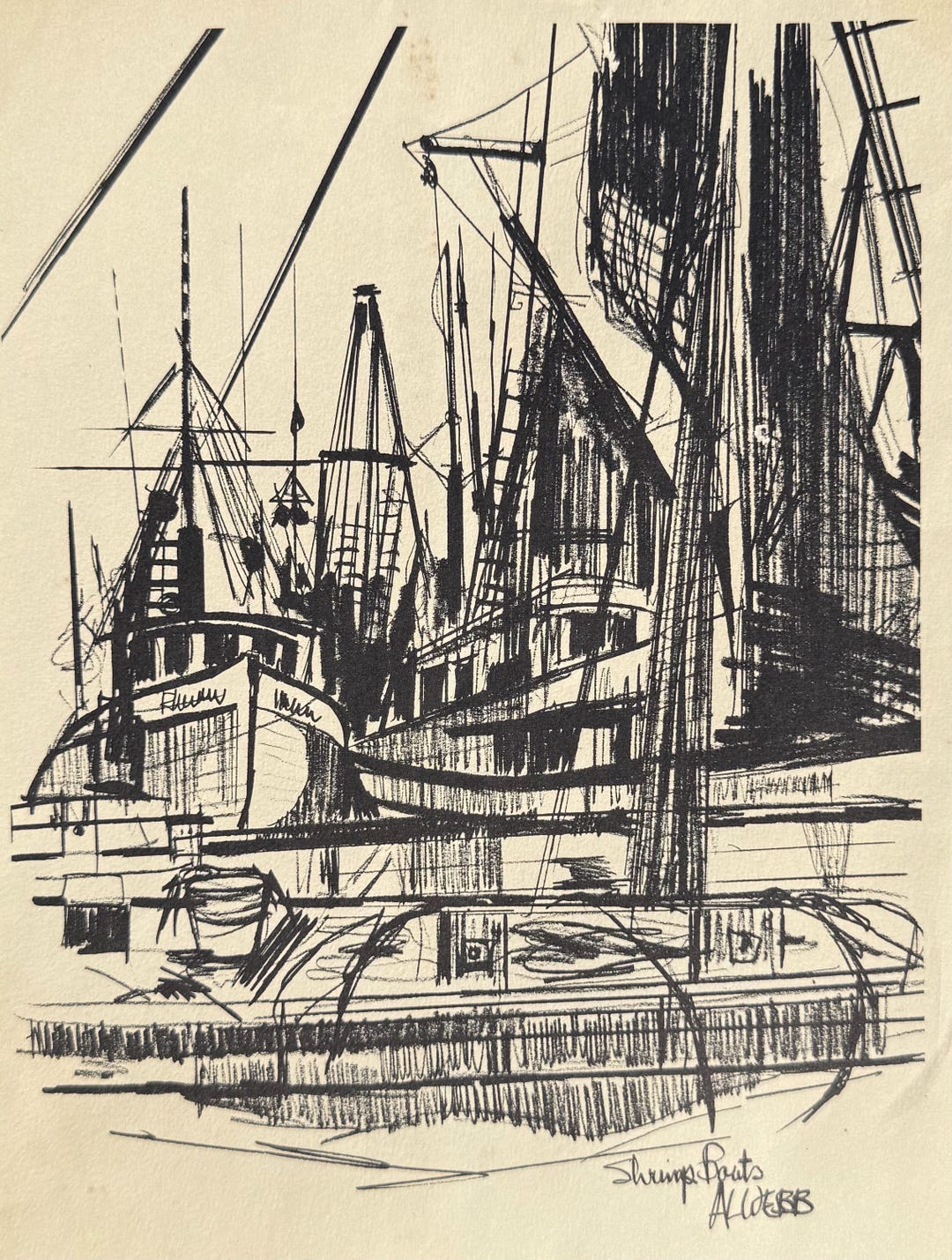 Original Pen & Ink Harbor Drawing by Al Webb – Signed Shrimp Boats Art ...