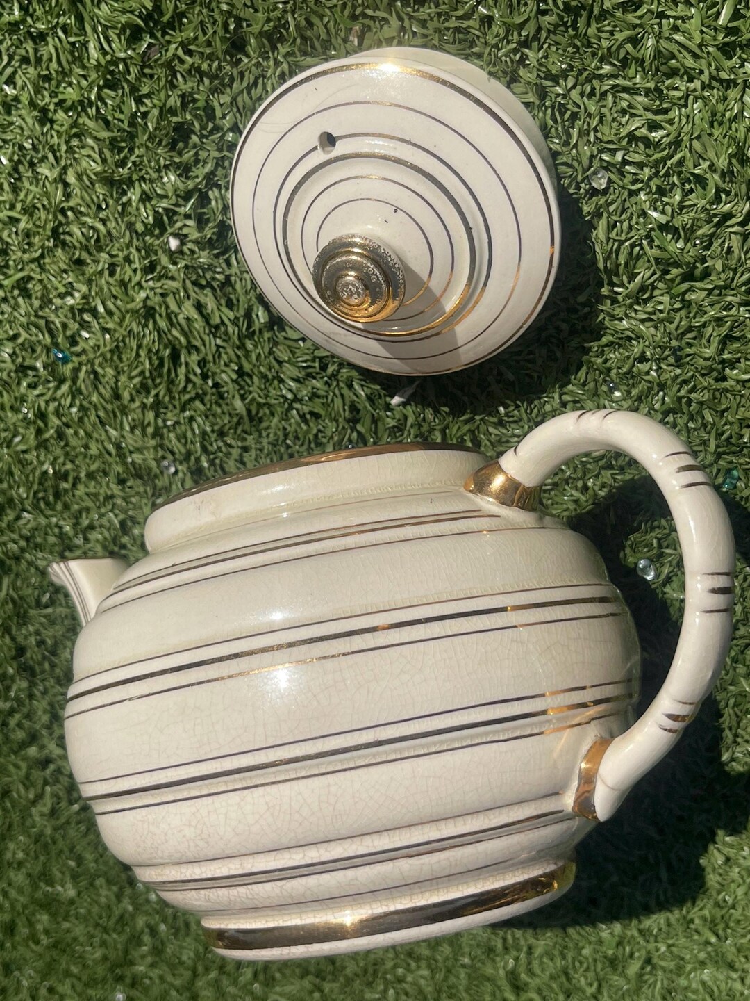 Vintage 1940s–50s Crackle Glaze Ceramic Teapot With Elegant Gold Trim ...