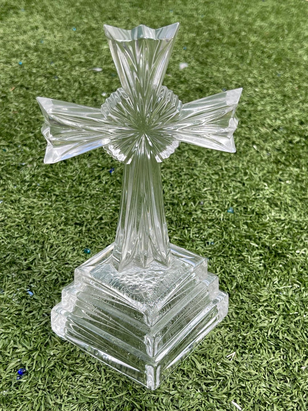 Vintage Crystal Glass Cross Figurine – 7.5” Tiered Pedestal Cut Glass ...