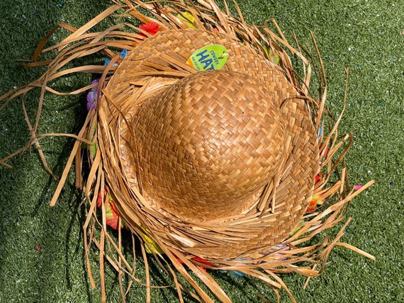 Woven Straw Luau Hat with Rainbow Flower Lei Trim – T… - Gem