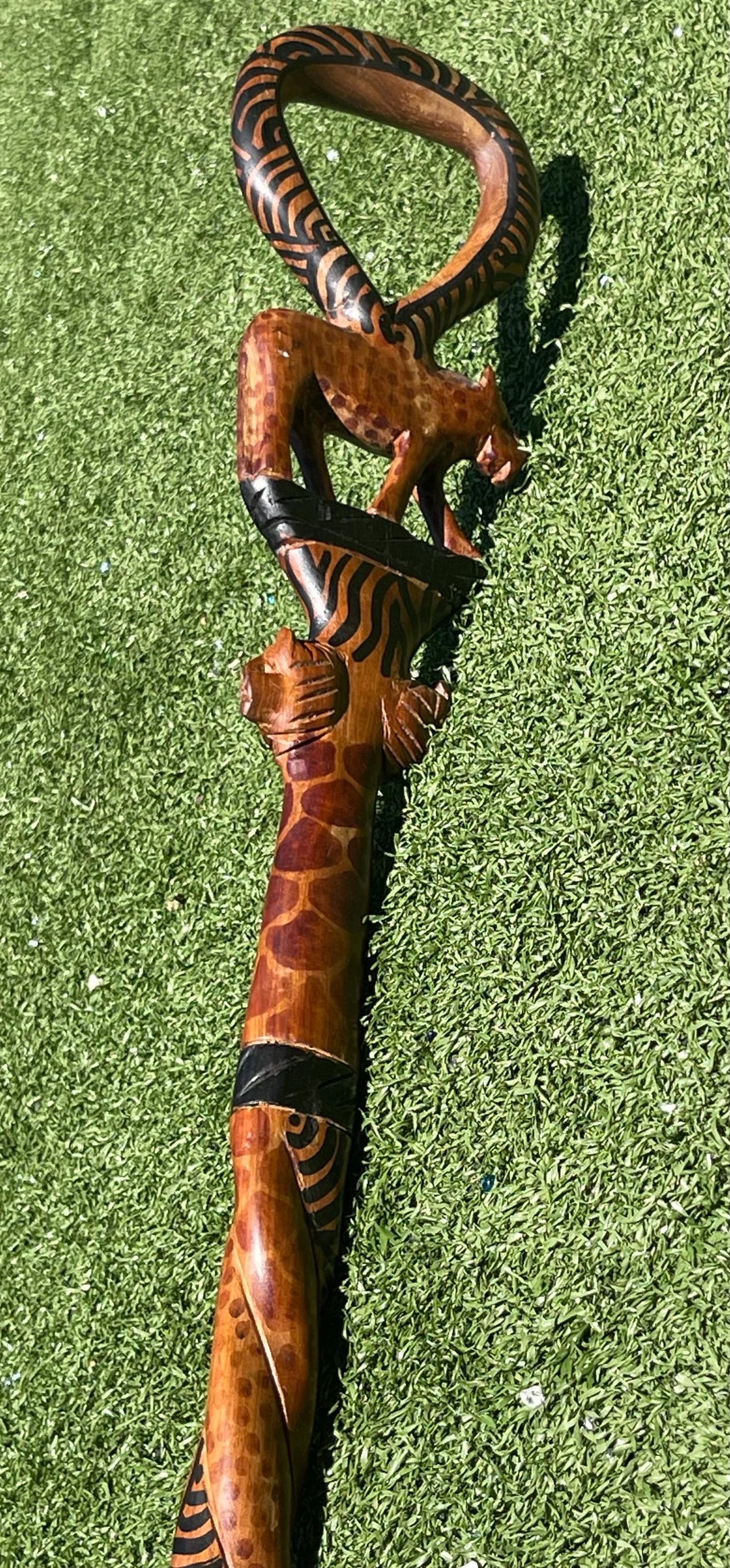 Hand-carved African Tribal Walking Stick – 35″ With Animal Motif & Loop ...