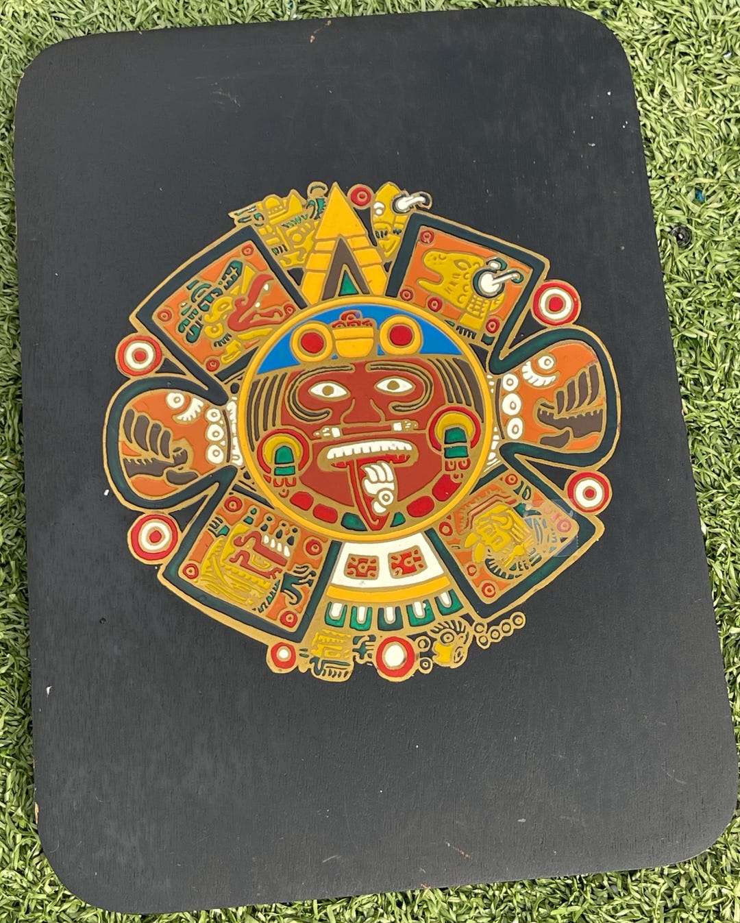 Vintage Mexican Aztec Calendar Wall Art • Hand-painted Metal on Wood ...