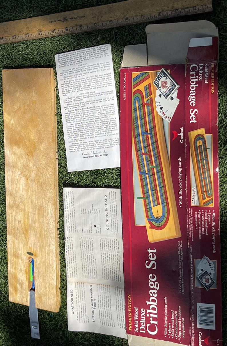 Vintage Solid Wood Cribbage Board Set NOS Complete in Box Premier ...
