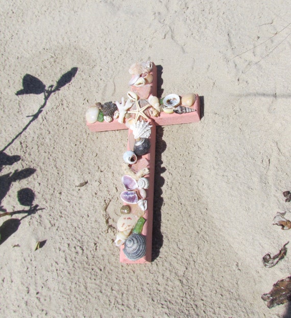 Shell Wall Cross in Coral With Seashells and Sea Glass Easter | Etsy