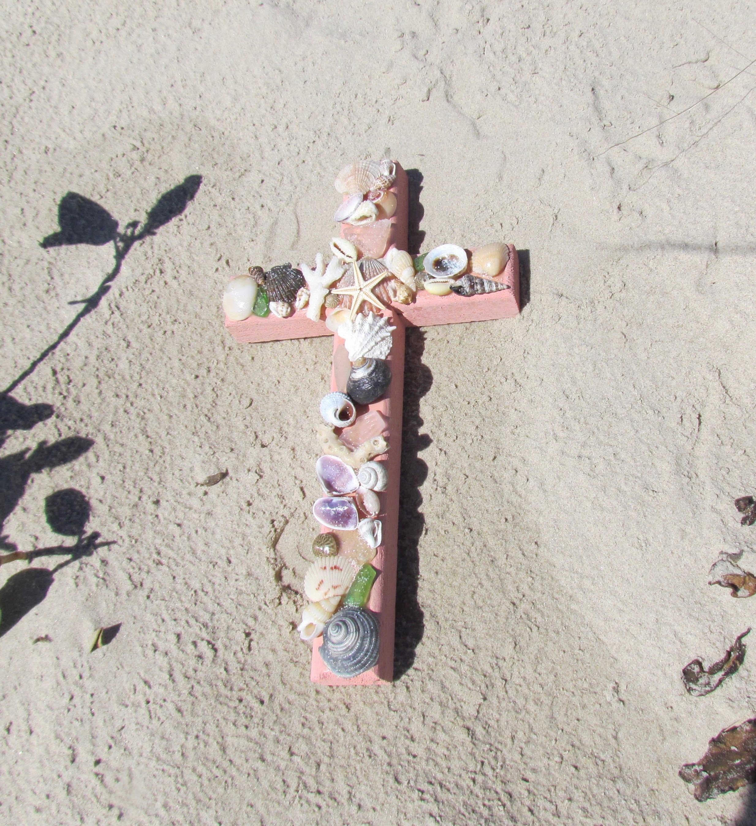 Shell Wall Cross in Coral With Seashells and Sea Glass Easter | Etsy