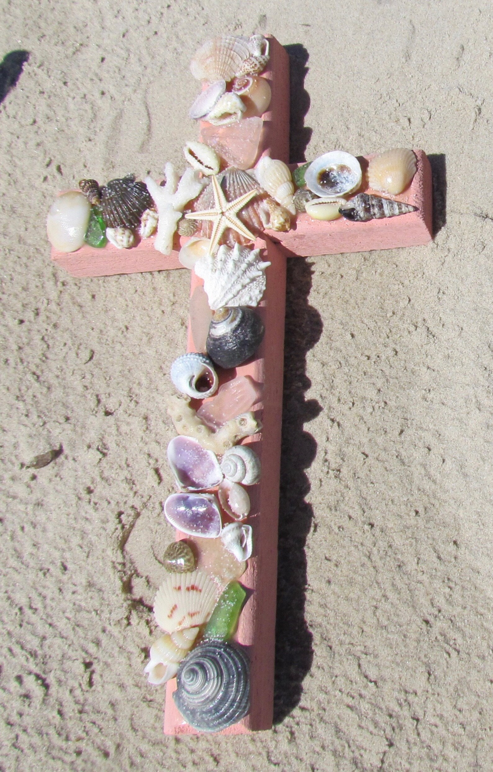 Shell Wall Cross in Coral With Seashells and Sea Glass Easter | Etsy