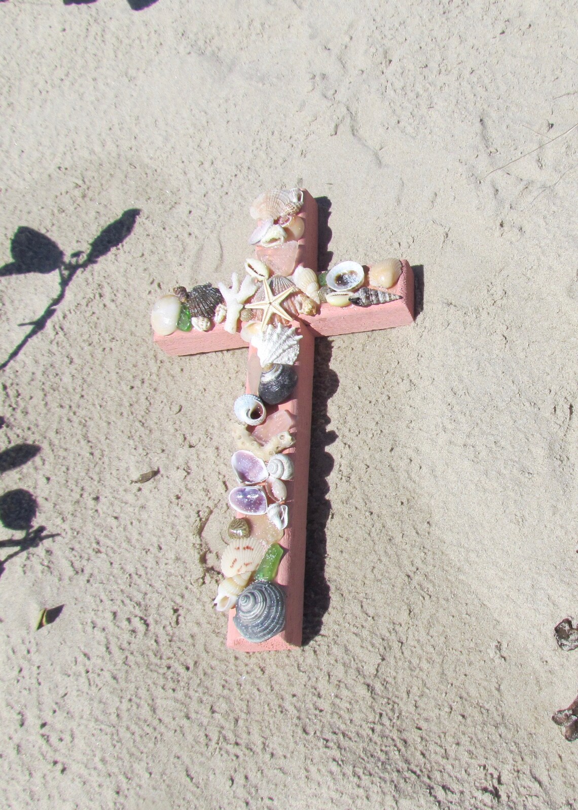 Shell Wall Cross in Coral With Seashells and Sea Glass Easter | Etsy