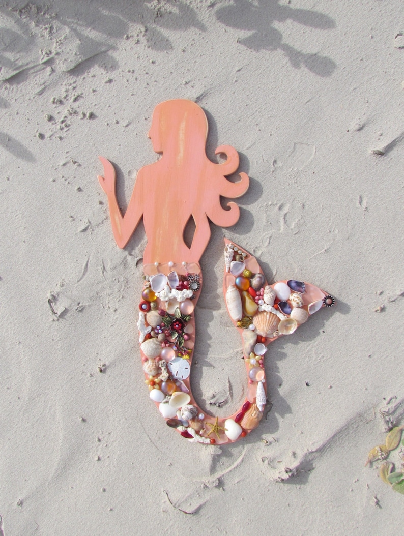 Large Wood Mermaid With Seashells, Sea Glass, Beads and Jewels - Etsy