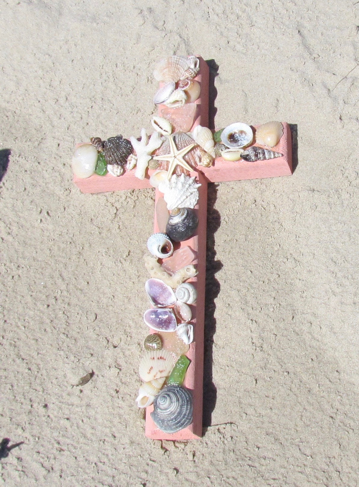Shell Wall Cross in Coral With Seashells and Sea Glass Easter | Etsy