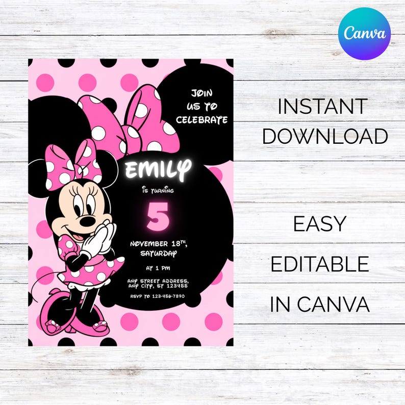 Editable Minnie Mouse Birthday Invitation, Minnie Mouse Birthday, 1st ...