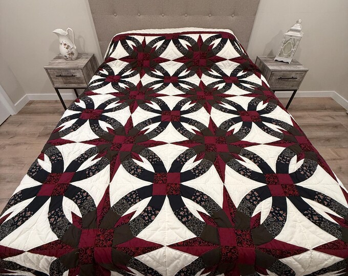 New Amish Quilt Star Wedding Ring – Handmade Heirloom, Black & Burgundy ...