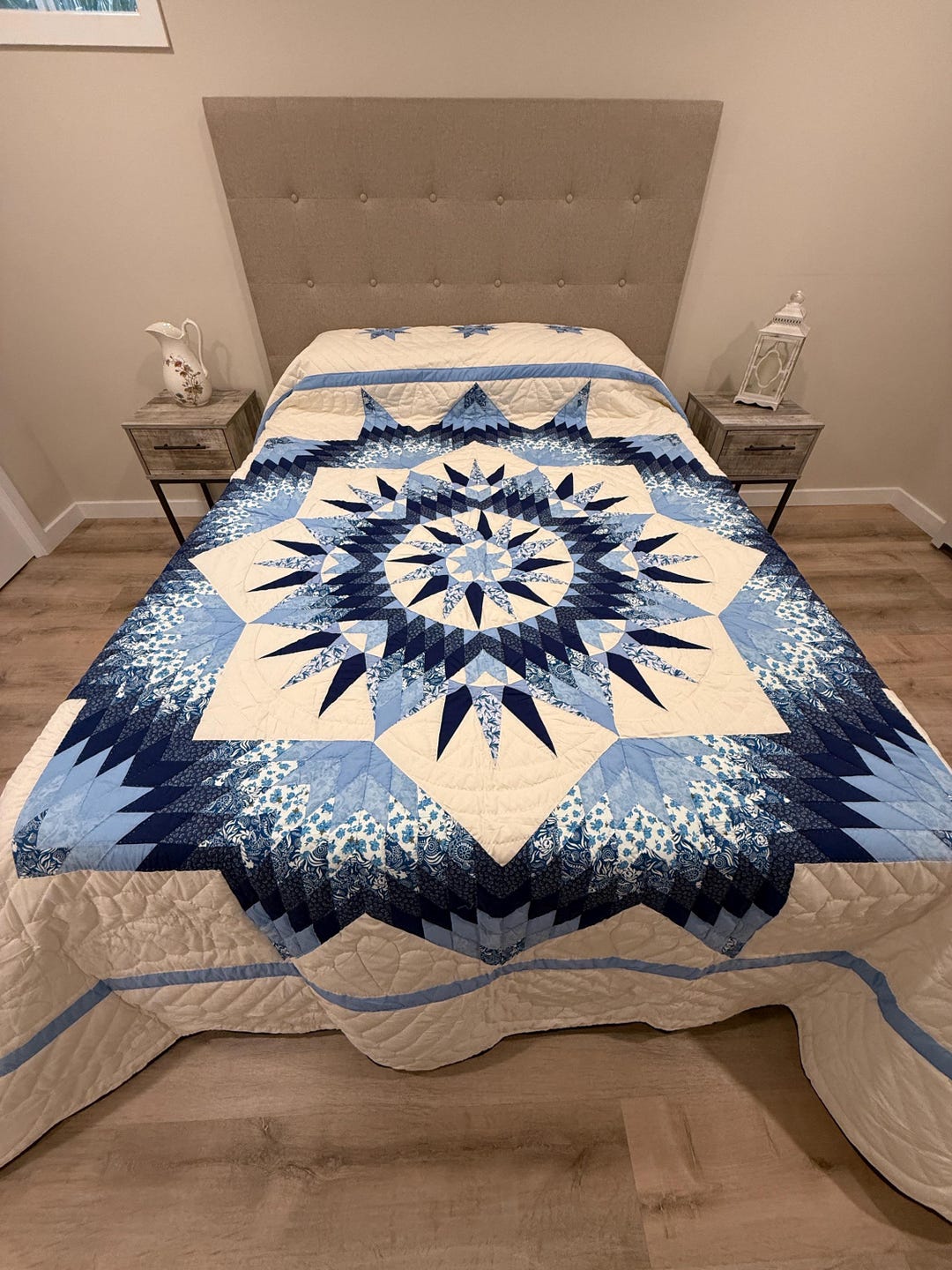 New Amish Quilt Compass Star Quilt – Handmade Heirloom, Blue & White ...