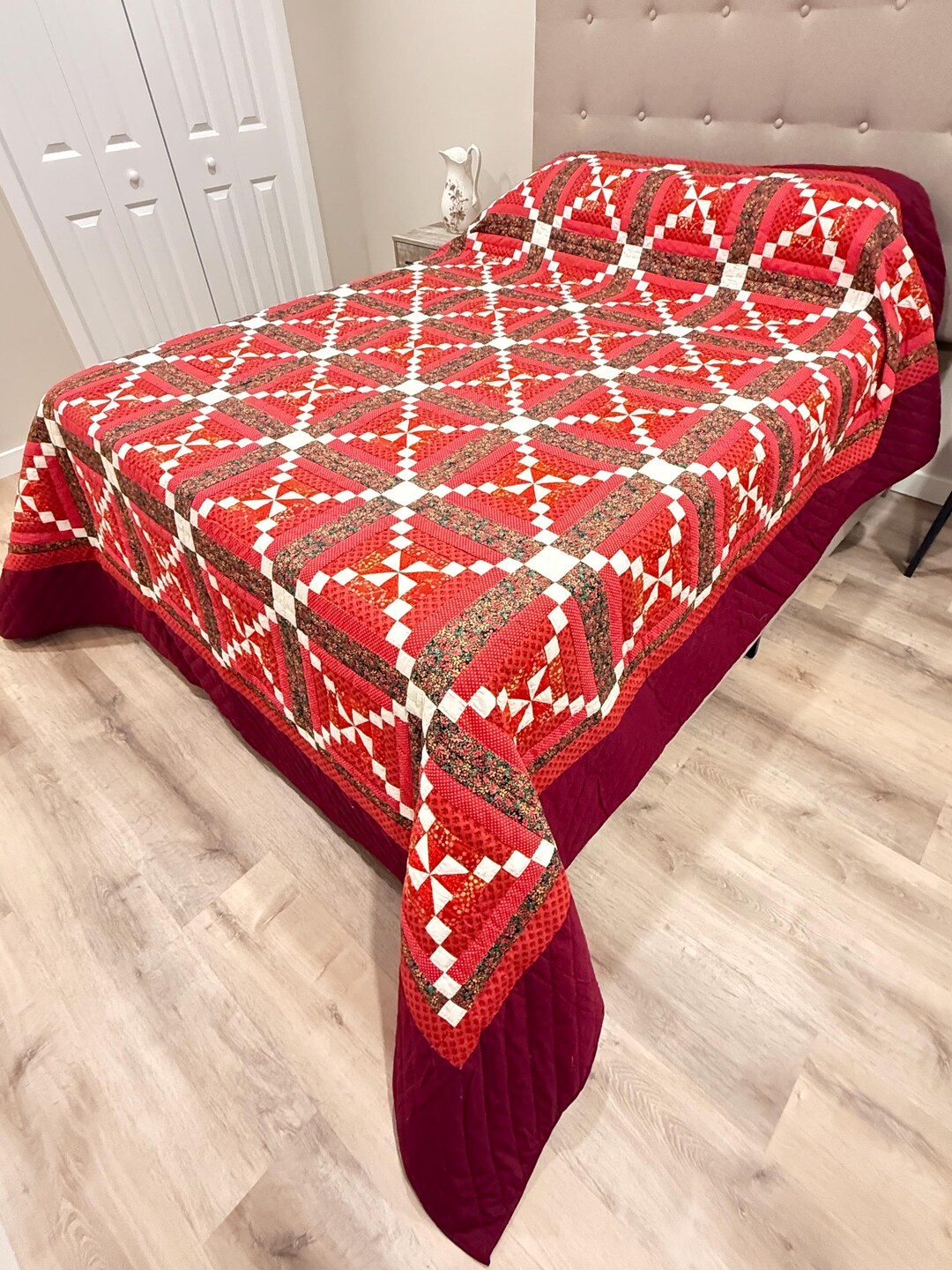 New Amish Quilt Pinwheel Trellis – Red & White 99”x111” – Hand Quilted ...