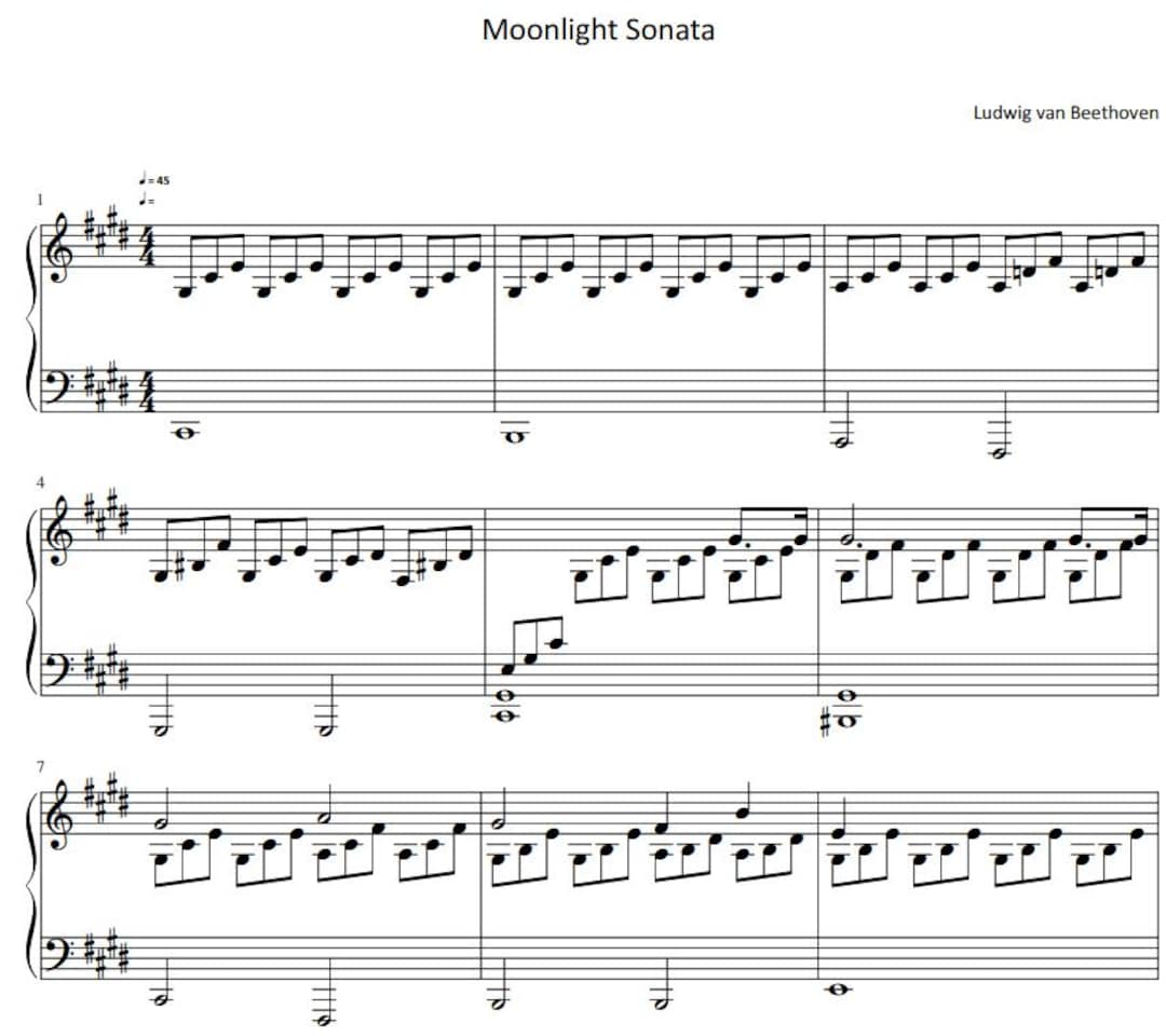 Moonlight Sonata - Beginner Piano Sheet Music (4 Pages) - Etsy UK