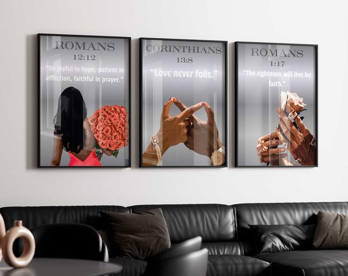 Set of 3 Black Christian Girl Wall Art, Inspiring Bible Verse Art ...